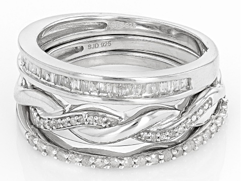 White Diamond Rhodium Over Sterling Silver Set of 3 Band Rings 0.50ctw ...