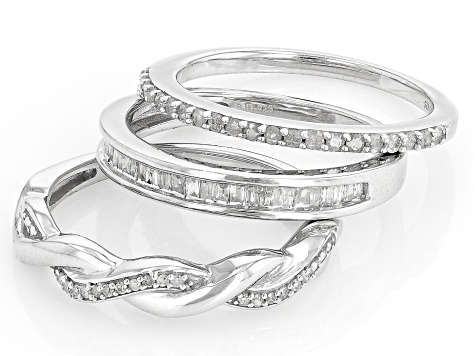 White Diamond Rhodium Over Sterling Silver Set of 3 Band Rings 0.50ctw ...
