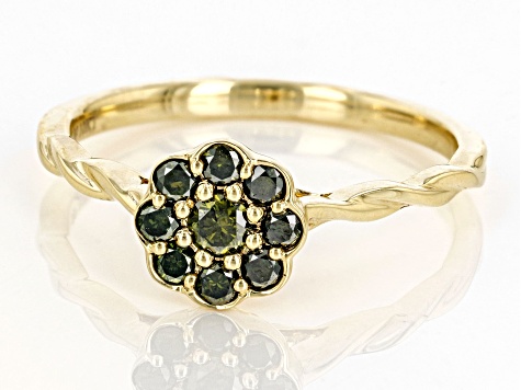 Round Green Diamond 10k Yellow Gold Cluster Ring 0.35ctw - SDG478 | JTV