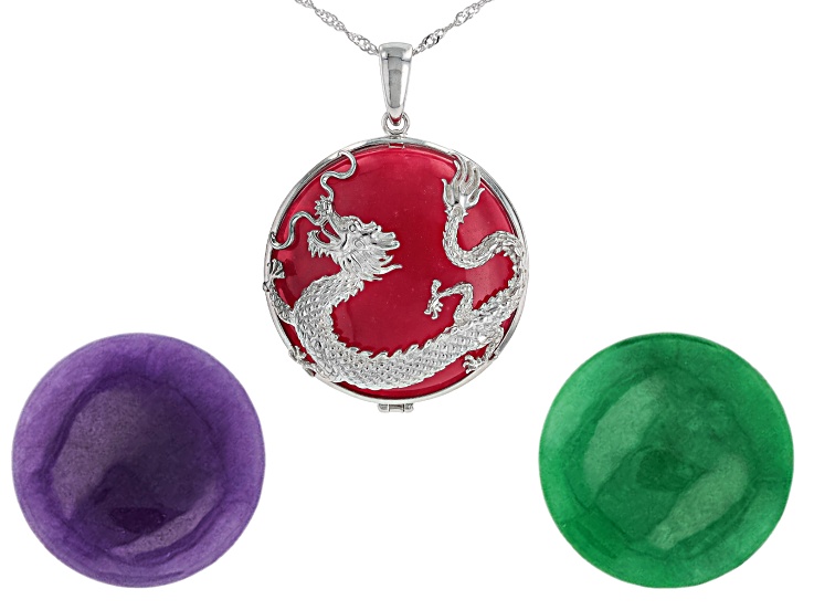 Multi-Color Jadeite Rhodium Over Sterling Silver Interchangeable Dragon ...