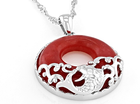 Red Jadeite Rhodium Over Sterling Silver Koi Fish Pendant with Chain ...