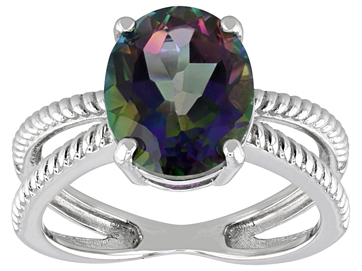 Mystic Fire Green Topaz Rhodium Over Sterling Silver Ring 3.85ctw