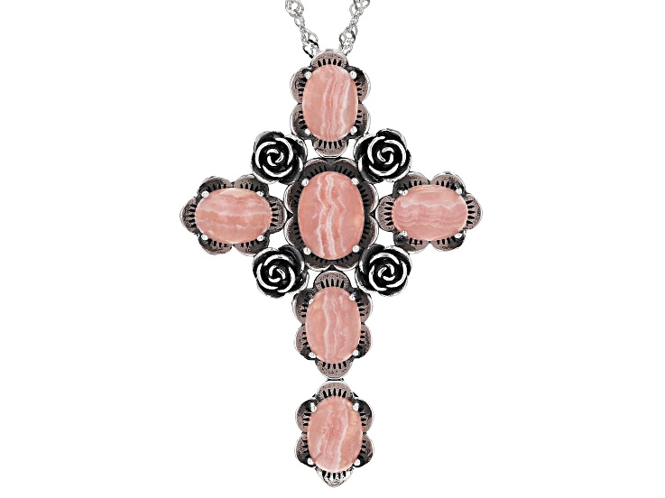 Pink Rhodochrosite Sterling Silver Cross Pendant With 18" Singapore ...