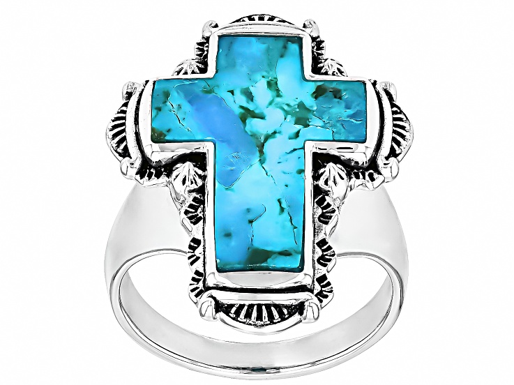 20x13mm Blue Composite Turquoise Sterling Silver Cross Ring - SWE3778 | JTV