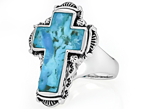 20x13mm Blue Composite Turquoise Sterling Silver Cross Ring - SWE3778 | JTV