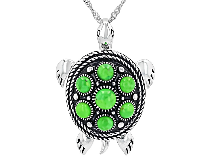 Green Turquoise Sterling Silver Turtle Pendant With 18" Singapore Chain ...