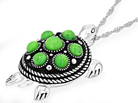 Green Turquoise Sterling Silver Turtle Pendant With 18" Singapore Chain ...