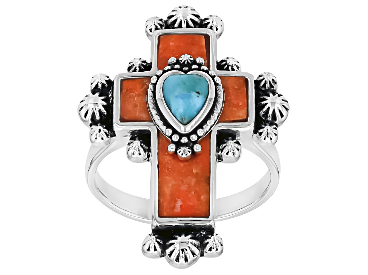 Sponge Orange Coral With 5x4mm Blue Turquoise Sterling Silver Cross ...