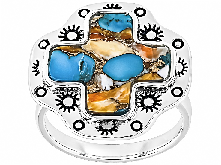 Blended Turquoise & Spiny Oyster Shell Sterling Silver Cross Ring ...