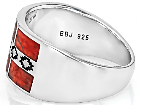 Red Coral Rhodium Over Sterling Silver Men's Inlay Band Ring - SWW343A ...