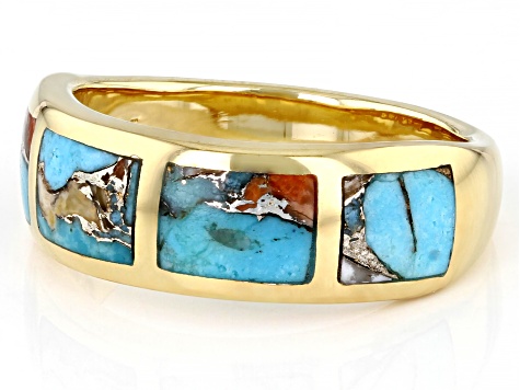 Blue Turquoise & Spiny Oyster Shell 18k Yellow Gold Over Silver Band ...