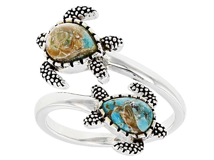 Blended Turquoise & Shell Sterling Silver Turtle Bypass Ring - SWW792 | JTV