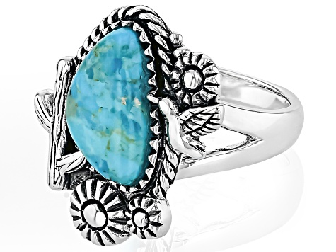 Blue Turquoise Oxidized Sterling Silver Cactus & Hummingbird Ring ...
