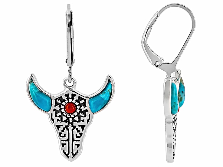 Composite Turquoise With Red Sponge Coral Sterling Silver Bull Dangle ...