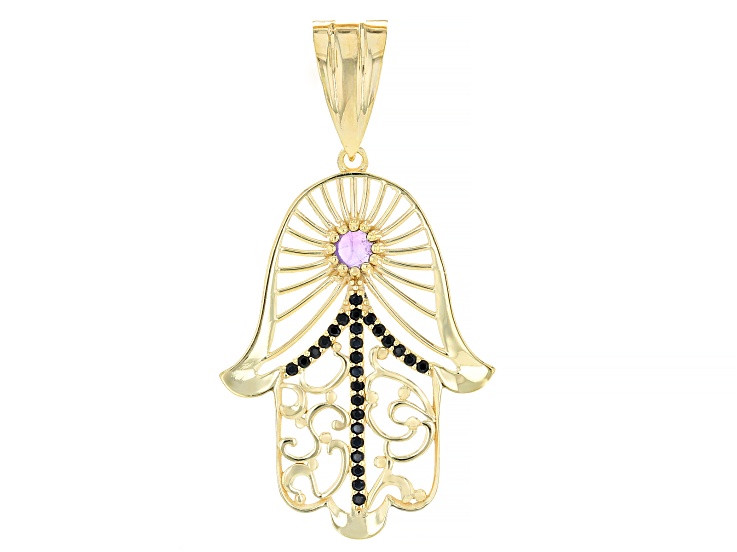 4mm Amethyst & 1.30mm Black Spinel 18K Gold Over Sterling Silver Hamsa ...