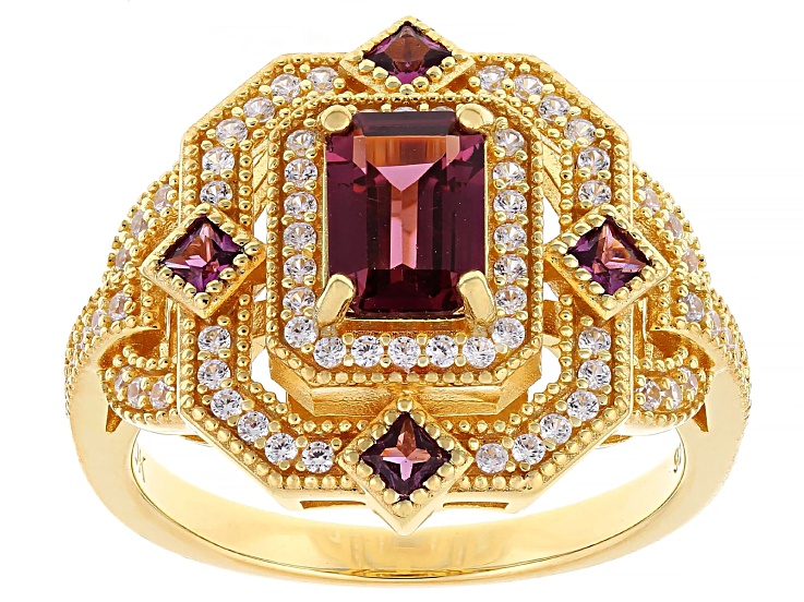 Grape Color Garnet, Rhodolite Garnet, White Zircon 18K Yellow Gold Over ...