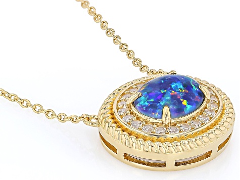 10x8mm Multi-Color Australian Opal Triplet With Zircon 18K Yellow Gold ...