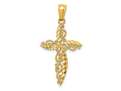 14k Yellow Gold Diamond-Cut Scroll Design Cross Pendant - 11HPBA | JTV