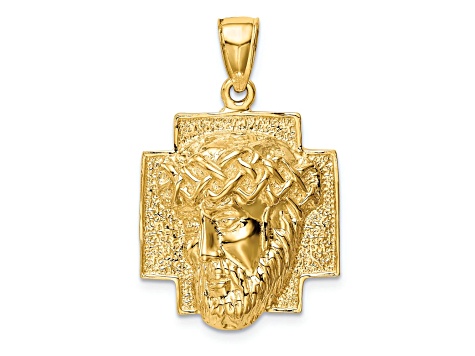 10K Yellow Gold 2D Polished and Textured Large Jesus Head with Crown ...