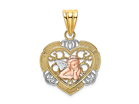 14K Tri-color Gold Textured Angel In Heart Charm - 13BS3A | JTV