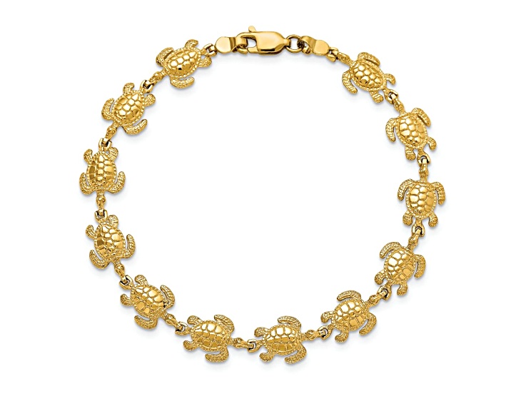 14k Yellow Gold Textured Swimming Sea Turtle Link Bracelet - 16JYRA | JTV