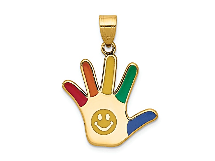 14k Yellow Gold Enameled Autism with Smiley Face Handprint Pendant ...