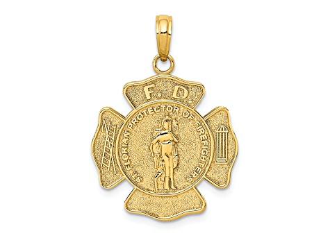 14k Yellow Gold Textured Fire Department FD Saint Florian Badge Pendant ...