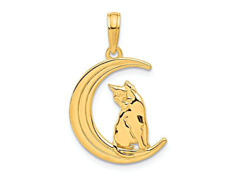 14k Yellow Gold Polished Cat Sitting On Moon Pendant - 19752A | JTV