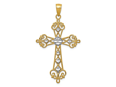 14K Two-tone Gold Textured and Diamond-Cut Cut-Out Cross Pendant ...
