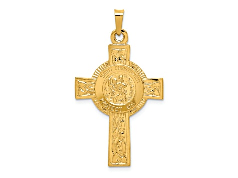 14K Yellow Gold Textured Cross with St. Christopher Medal Pendant ...