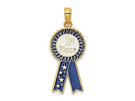 14k Yellow Gold Textured Blue Enameled 1st Place Ribbon Charm - 19TWCA ...