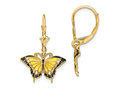 Jtv 14K Yellow Gold Butterfly with Yellow and Black Enameled Wings Dangle Earrings