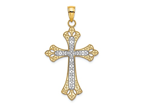 14K Two-tone Gold Textured Scalloped Edges Cross Charm - 1CBRJA | JTV