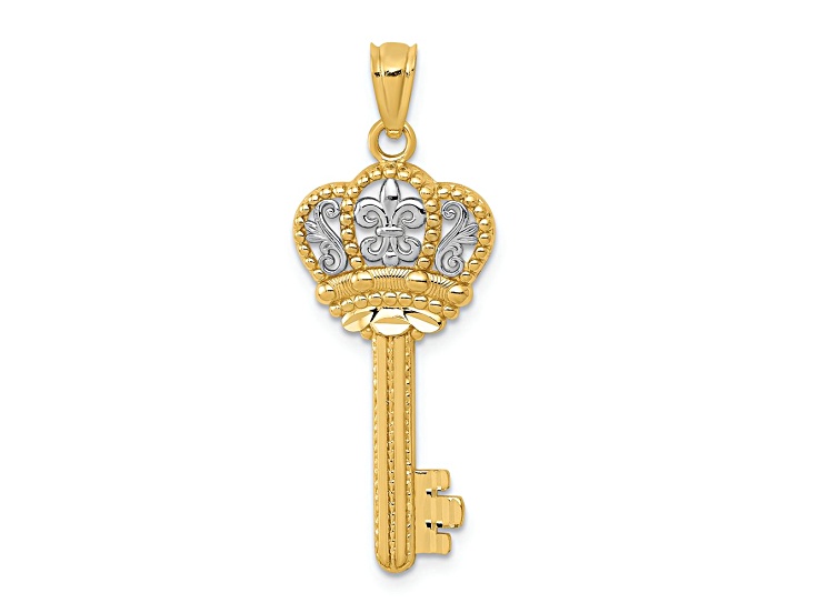 14K Two-tone Gold Polished Fleur De Lis Crown Key Charm - 1D563A | JTV