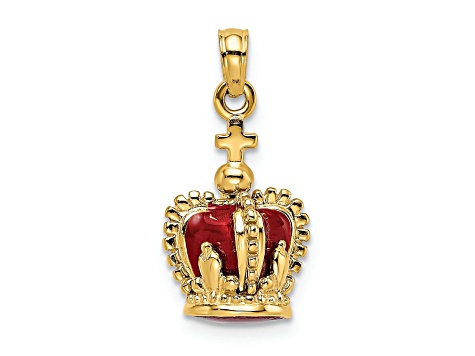 14k Yellow Gold 3D Textured Red Enamel Inside Crown with Cross on Top ...