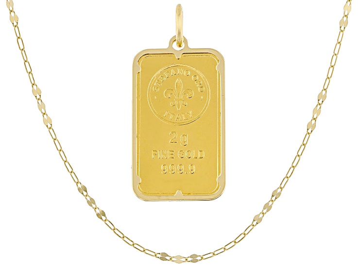 24k Yellow Gold 2g Ingot with 14k Gold Frame Pendant and 1.65mm Petali ...