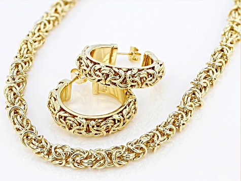 18k Yellow Gold Over Bronze Byzantine Necklace And Hoop Earring Set BEC363 JTV