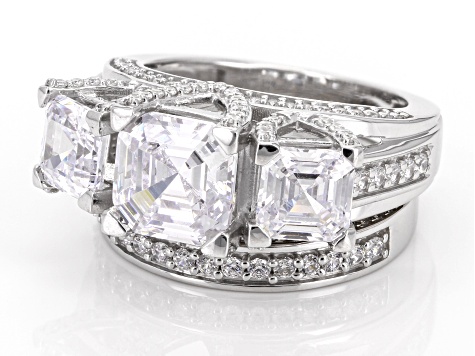 Pre Owned White Cubic Zirconia Platinum Over Sterling Silver Asscher Cut 30th Anniversary Ring Set 8