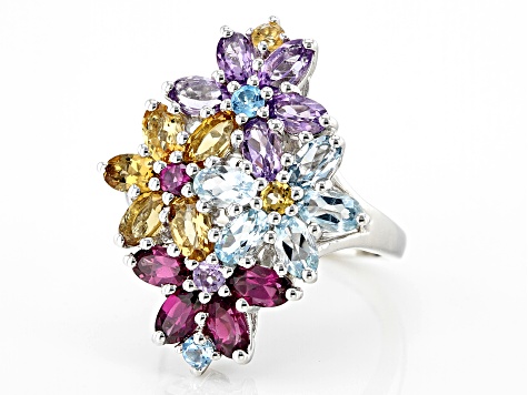 Pre-Owned Multi-Gemstone Rhodium Over Sterling Silver Flower Ring 4 ...