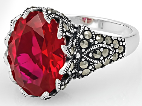 Pre-Owned Red Lab Created Ruby Rhodium Over Sterling Silver Ring 5.70ct ...