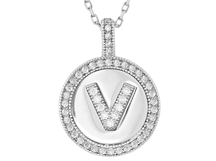 Pre-Owned White Cubic Zirconia Rhodium Over Sterling Silver "V" Initial ...