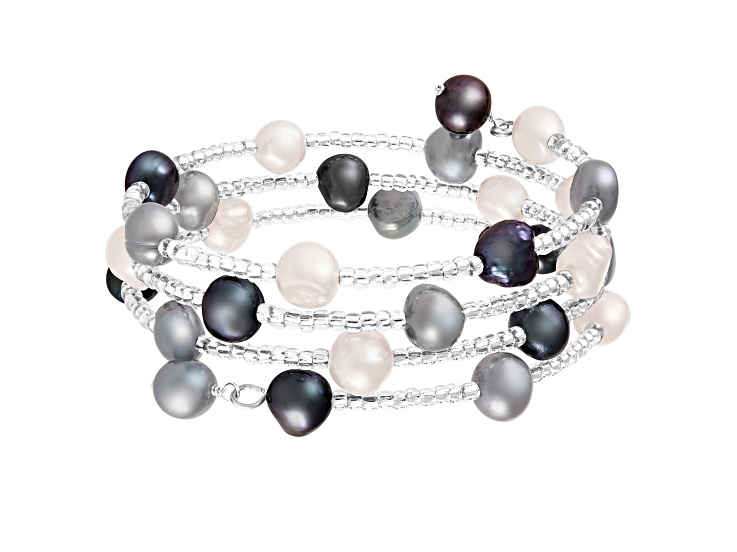 Sterling Silver Rhodium Plated Triple Row Freshwater Pearl Coil ...