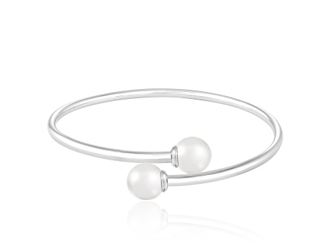 Sterling silver rhodium plated bangle with 8-9mm round shaped white ...