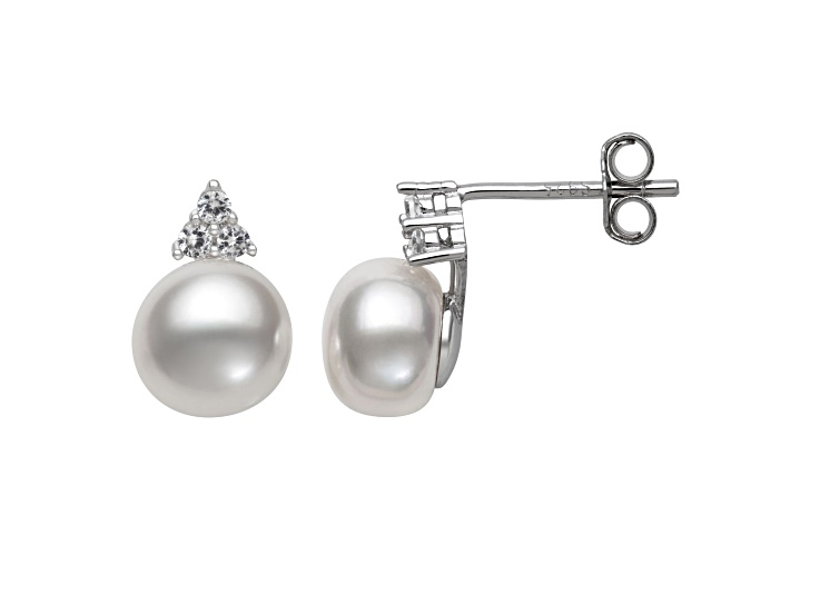 White Cultured Freshwater Pearl & Lab Created Sapphire Rhodium Over ...