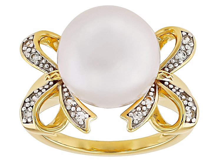 White Cultured Freshwater Pearl With White Zircon 18k Yellow Gold Over ...