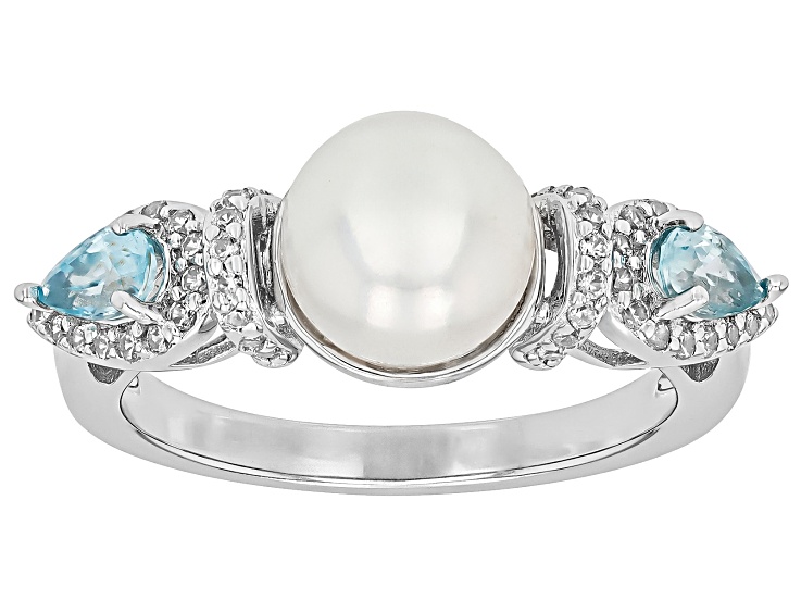 White Cultured Freshwater Pearl With Blue And White Zircon Rhodium Over ...