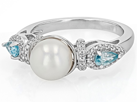 White Cultured Freshwater Pearl With Blue And White Zircon Rhodium Over ...