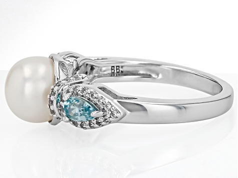 White Cultured Freshwater Pearl With Blue And White Zircon Rhodium Over ...