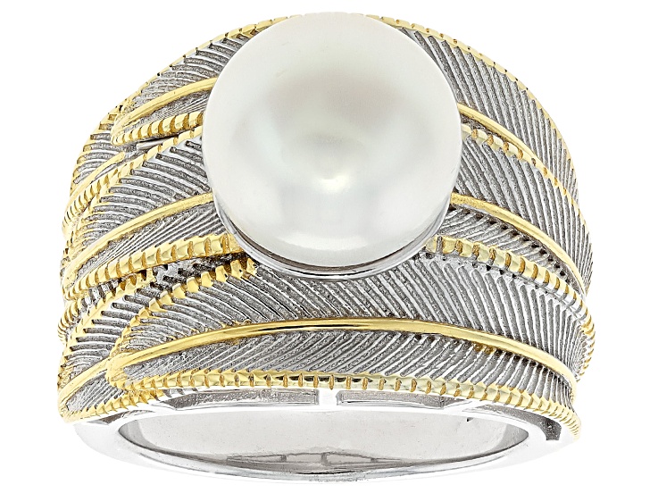 White Cultured Freshwater Pearl 18k Yellow Gold & Rhodium Over Sterling ...