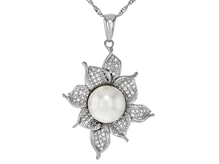 White Cultured Freshwater Pearl With White Topaz Rhodium Over Sterling ...